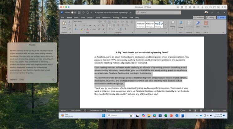 Parallels Desktop Supports Windows and Apple's AI Writing Tools